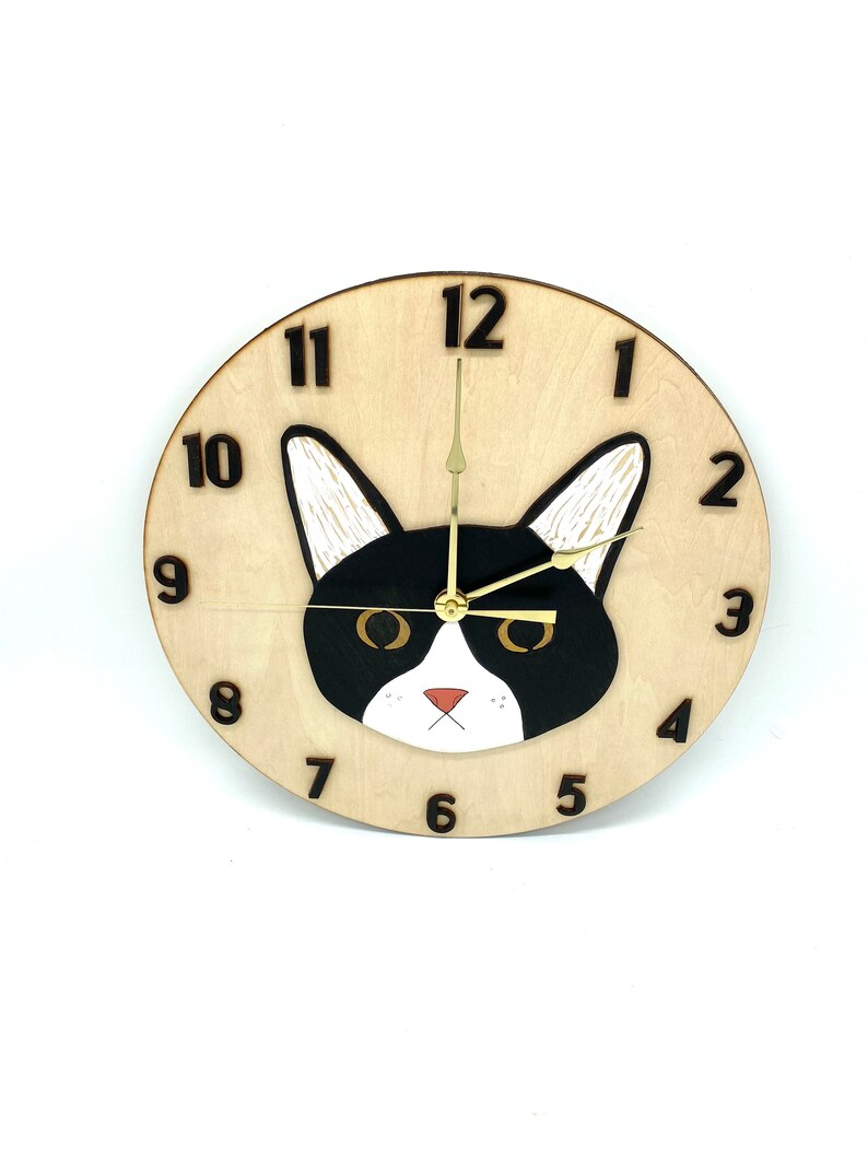Handmade Black and White Tuxedo Cat Modern Wall Wood Clock With Numbers ...