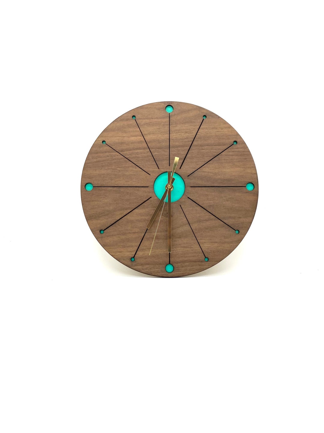 Large Atomic Starburst Clock, Modern Wall Clock, Walnut Wood Clock, Mid ...