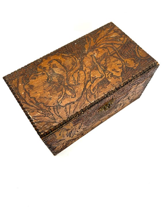 Vintage Pyrography Burned Wood Poppy Flower Box Jewel… - Gem