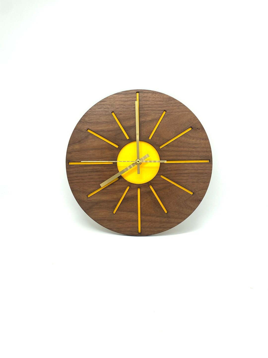 Yellow Sunshine Sunburst Handmade Walnut Wood Wall Clock / Minimalist ...