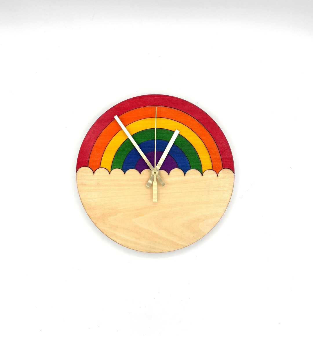 Handmade Retro 80s Colorful Rainbow and Natural Clouds Wood Wall Clock ...