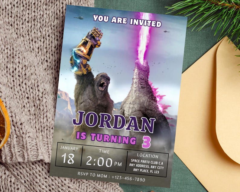 Editable Godzilla Invitation With Photo Kaiju Godzilla Boys Birthday ...