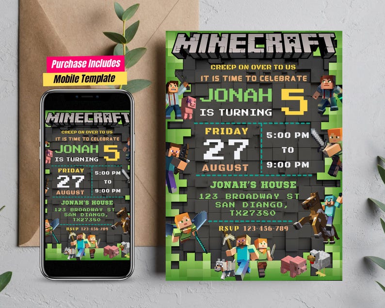 Editable Minecrafter Birthday Invitation Mine Invite Template ...