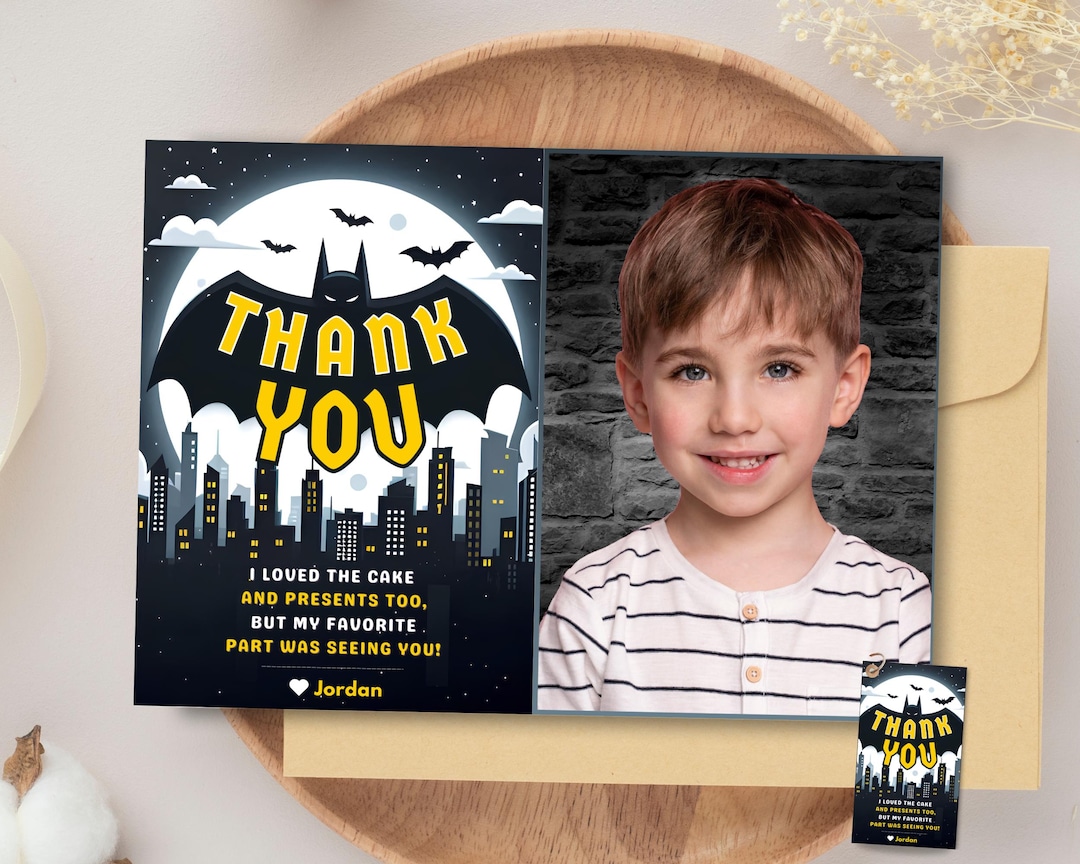 Superhero Birthday Thank You Card With Photo Bat Boy Thank You Gift ...