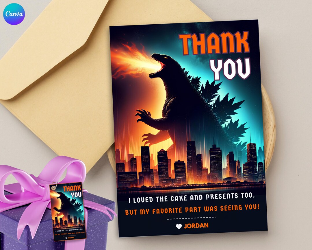 Godzilla Thank You Card Godzilla Theme Party Lablel Godzilla Birthday ...