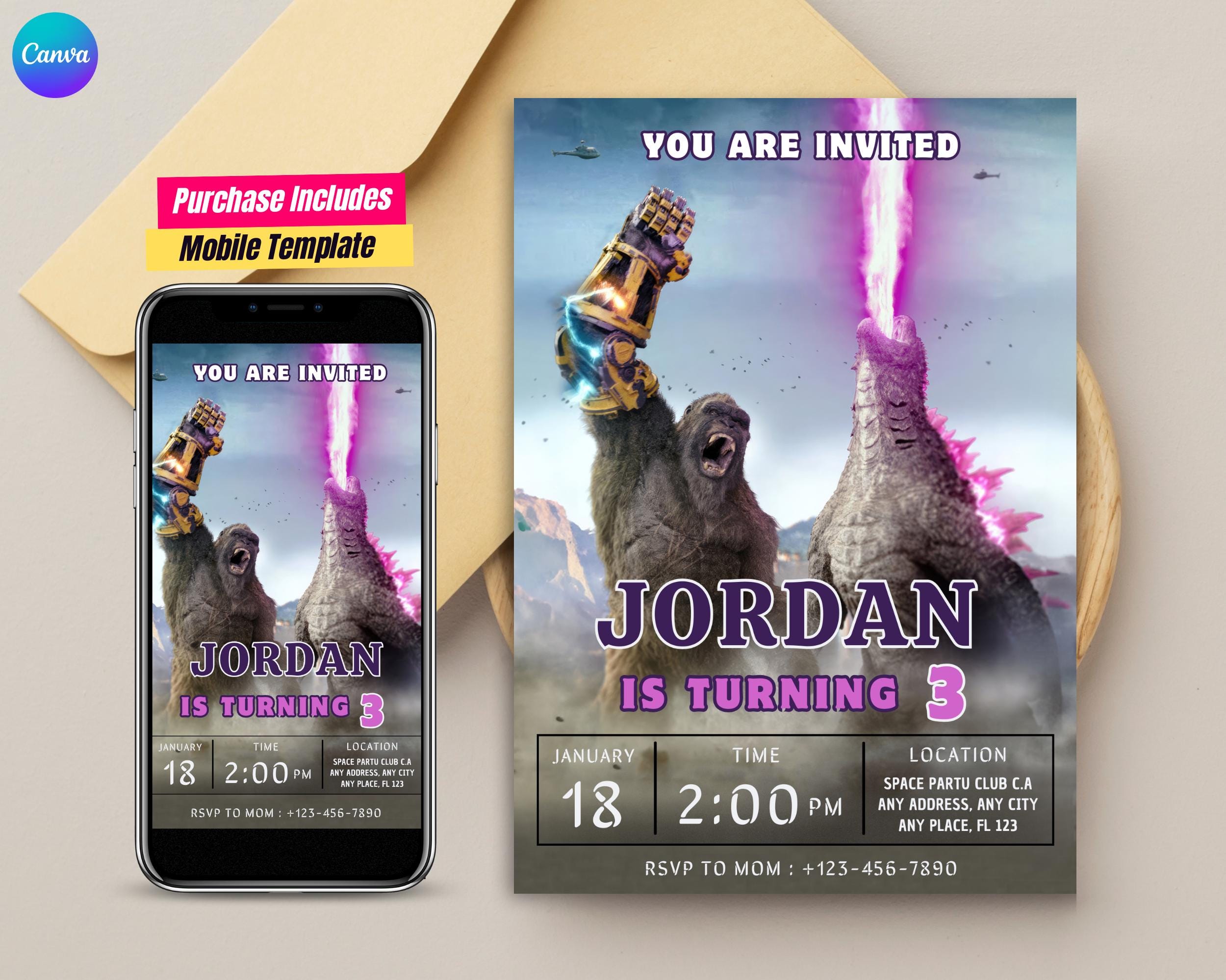 Editable Godzilla Invitation With Photo Kaiju Godzilla Boys Birthday ...