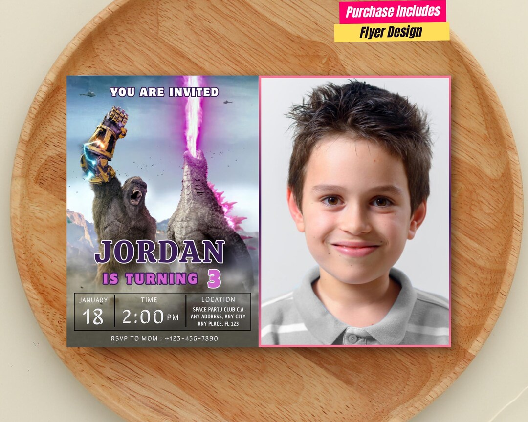 Editable Godzilla Invitation With Photo Kaiju Godzilla Boys Birthday ...