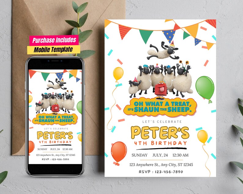 Shaun the Sheep Kids Birthday Invite, Editable Party Invitation ...