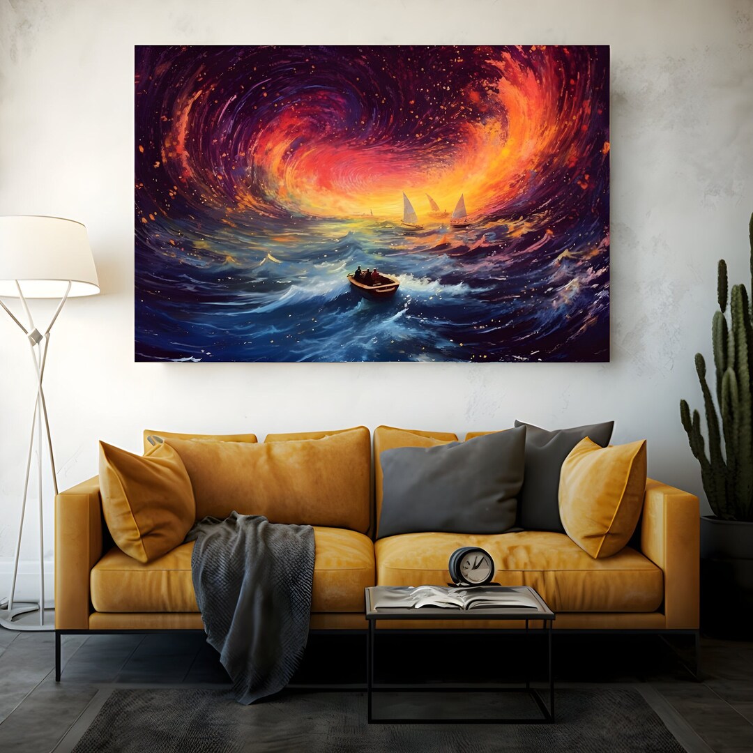 Boats Vs Giant Wave Chaotic Ocean Abstract Art Warm Colors High Quality ...