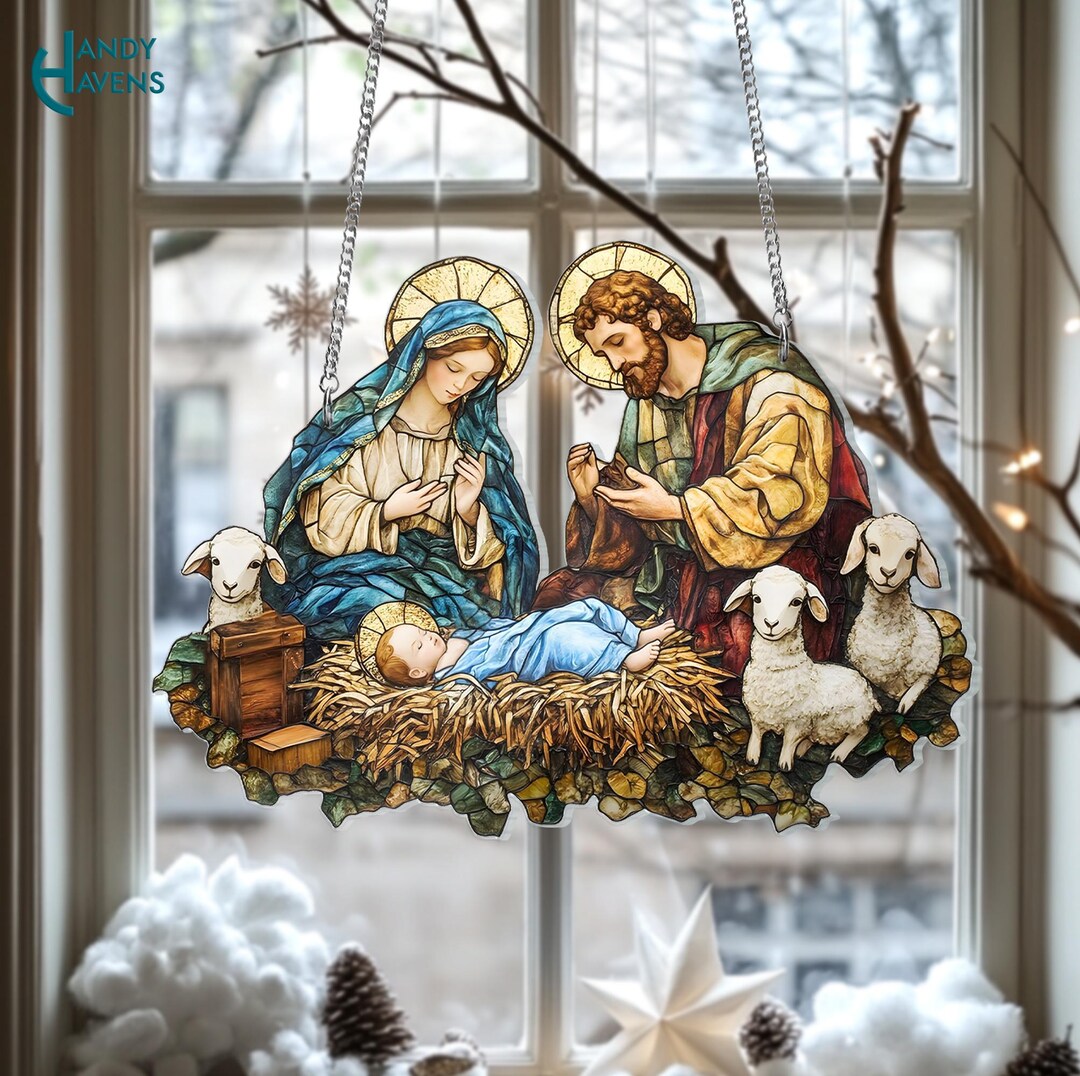 Nativity Scene Suncatcher, Faux Stained Acrylic Christian Window ...