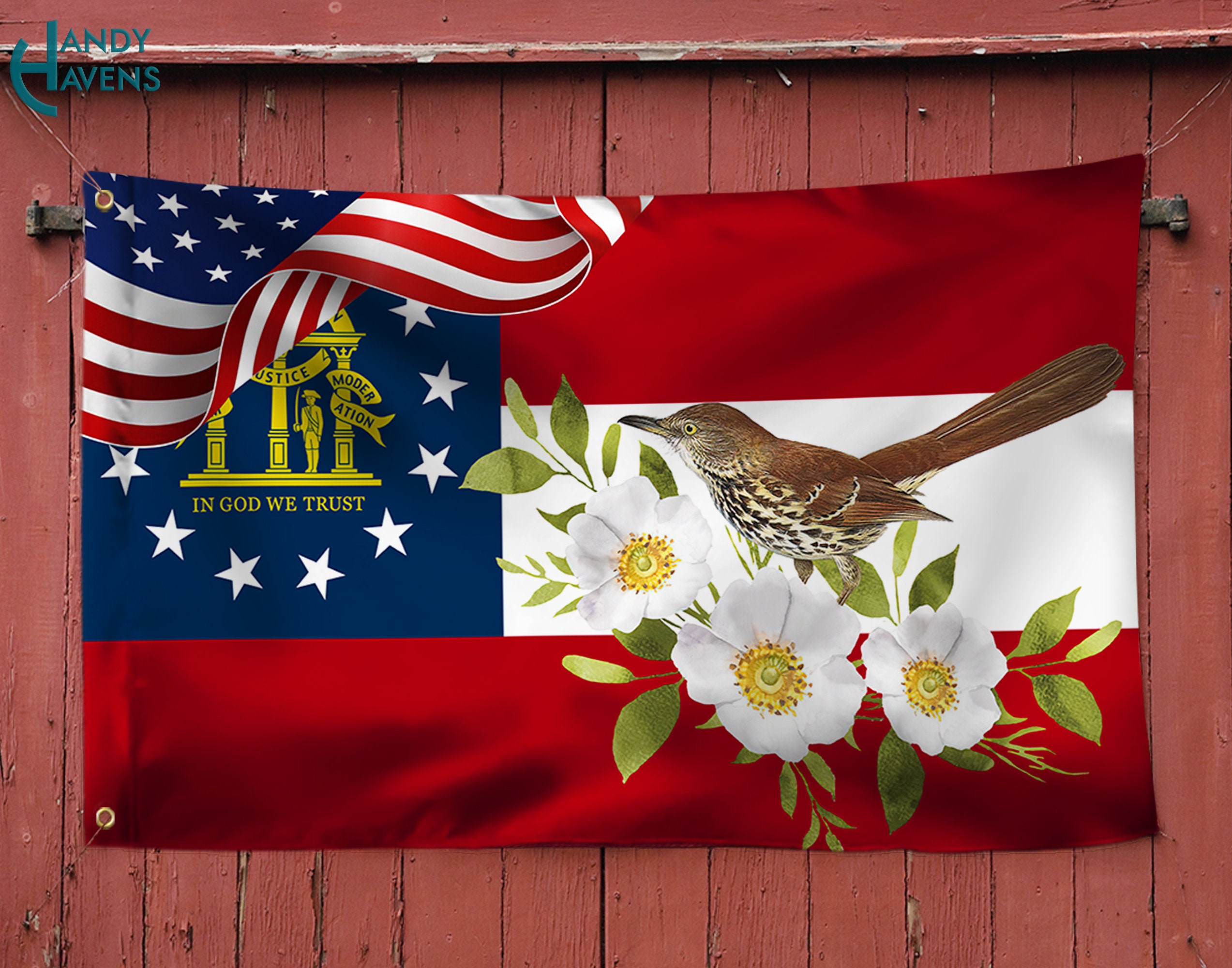 Georgia State Grommet Flag Brown Thrasher and Cherokee Rose - Etsy