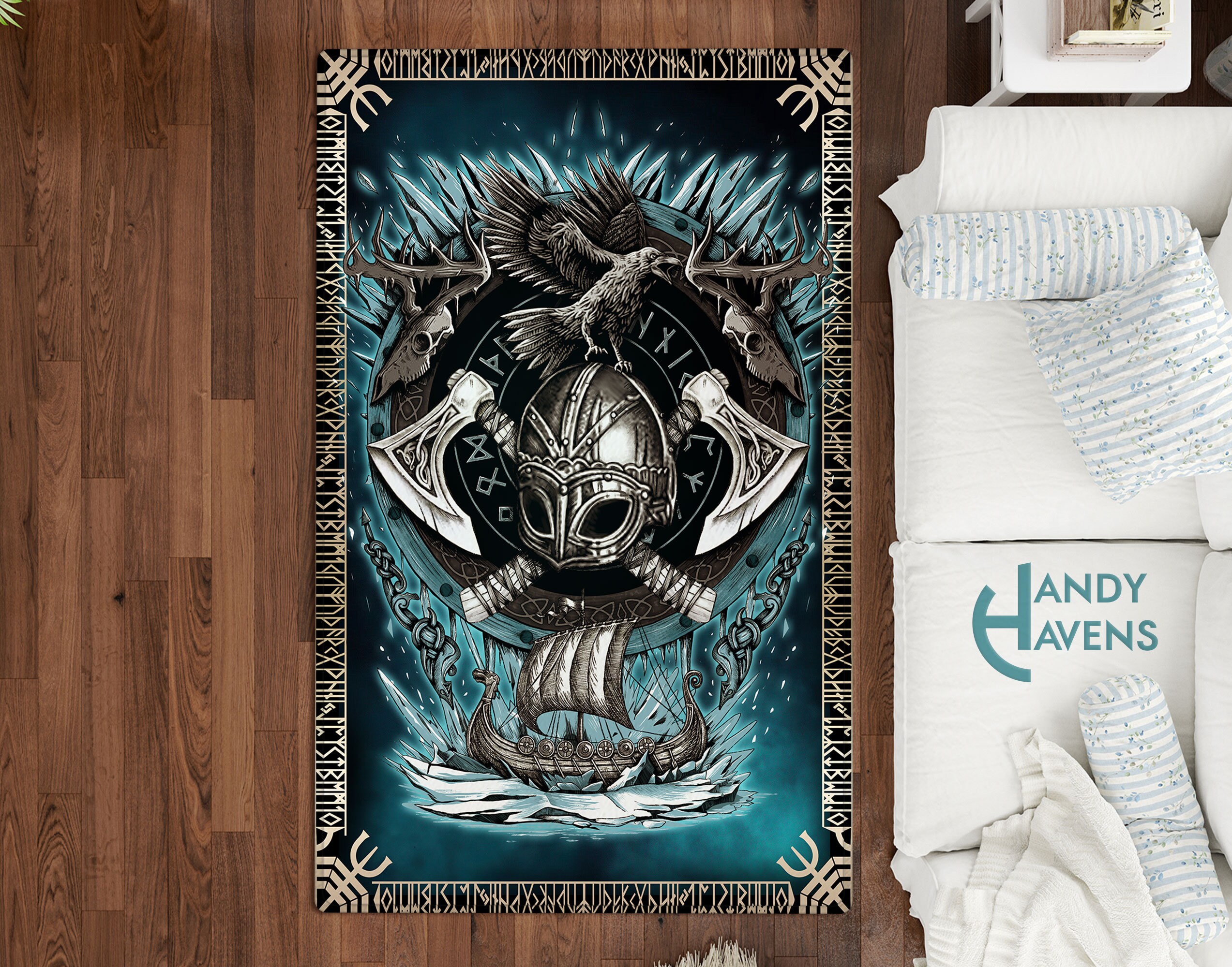Viking Ship Rug, Viking Area Rug, Valknut Raven Ship Home Decor, Viking ...