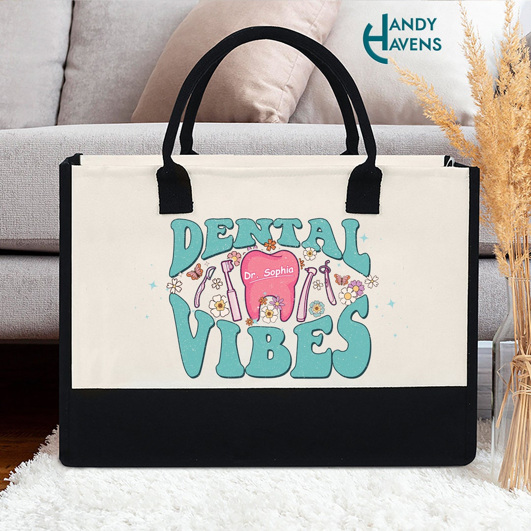 Custom Tote Bag Dental Vibes, Personalized Hygienist Floral Dental Tote ...