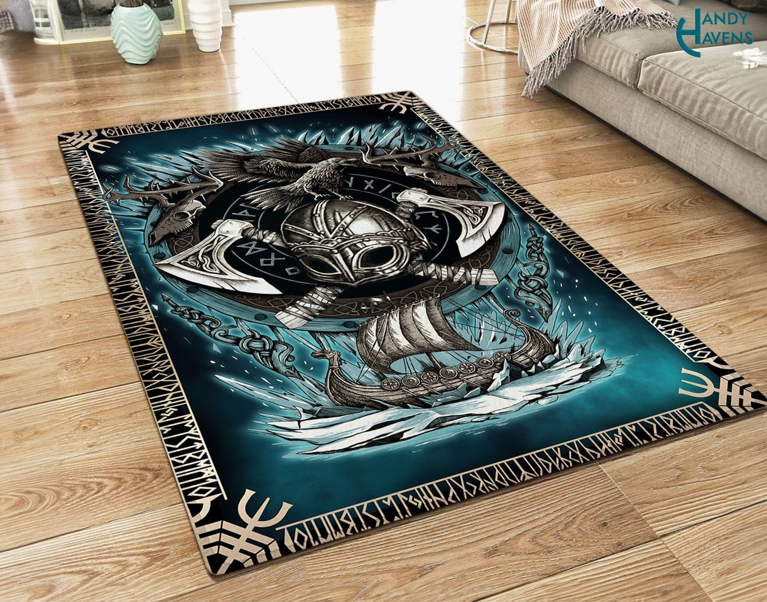 Viking Ship Rug, Viking Area Rug, Valknut Raven Ship Home Decor, Viking ...