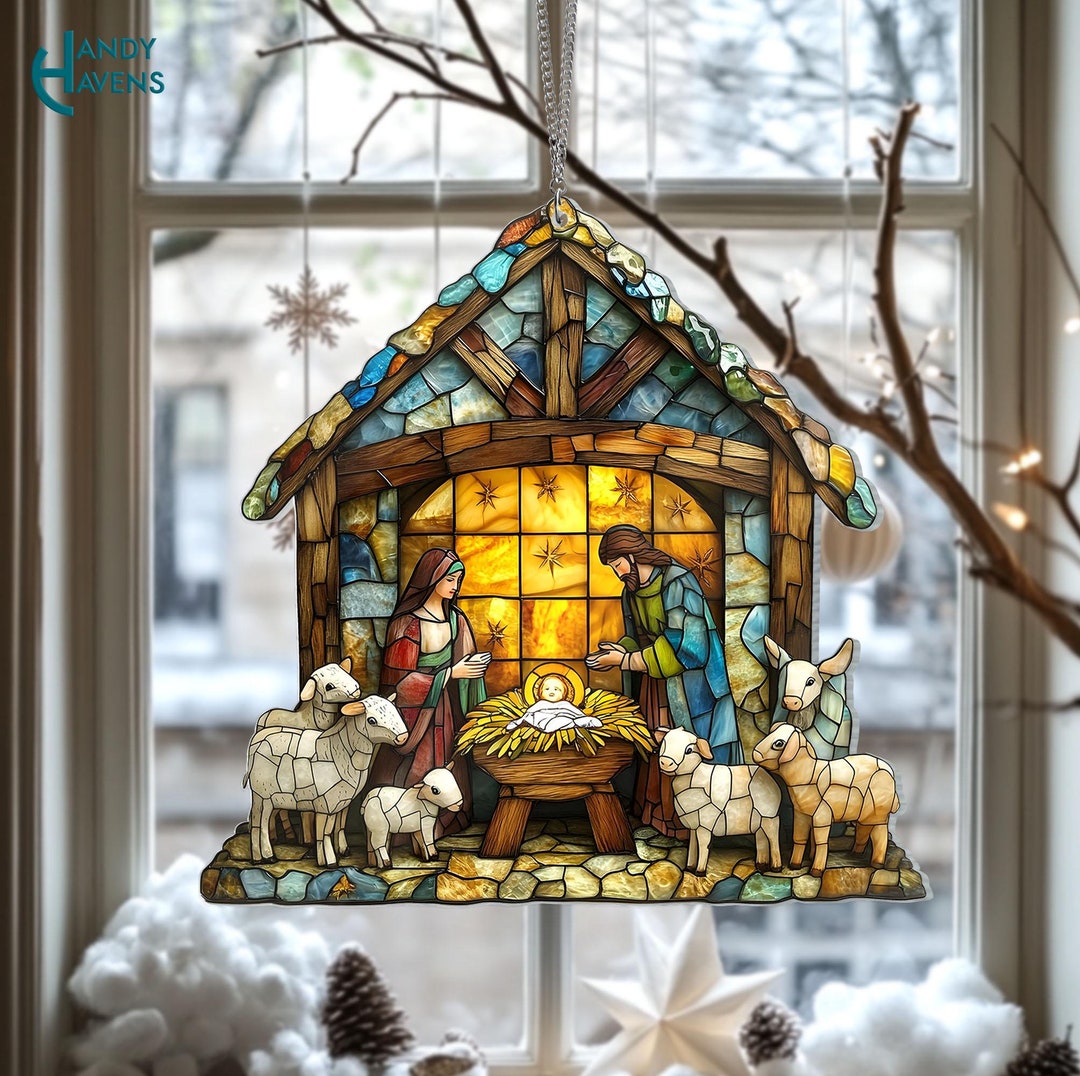 Nativity Scene Suncatcher, Faux Stained Acrylic Christian Window ...