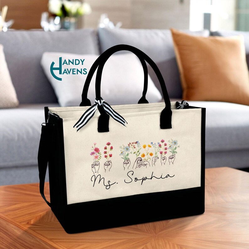 Custom Sign Language Tote Bag, ASL Teacher Gift, Personalized Canvas ...