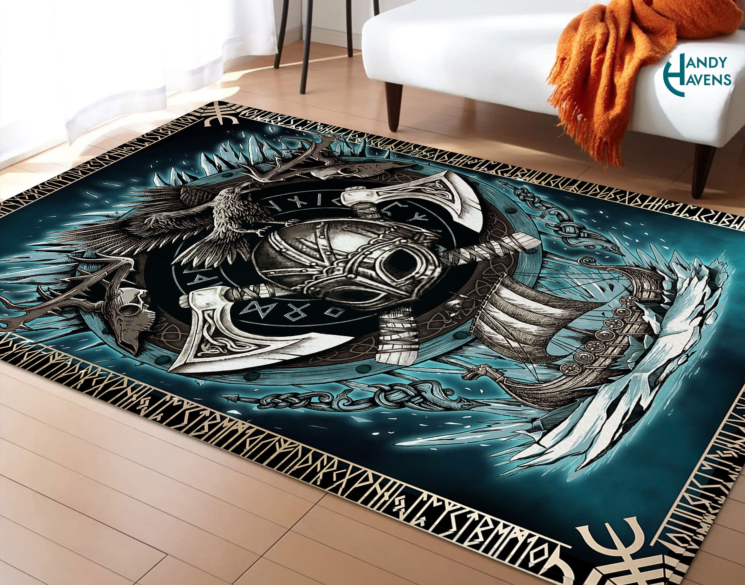 Viking Ship Rug, Viking Area Rug, Valknut Raven Ship Home Decor, Viking ...
