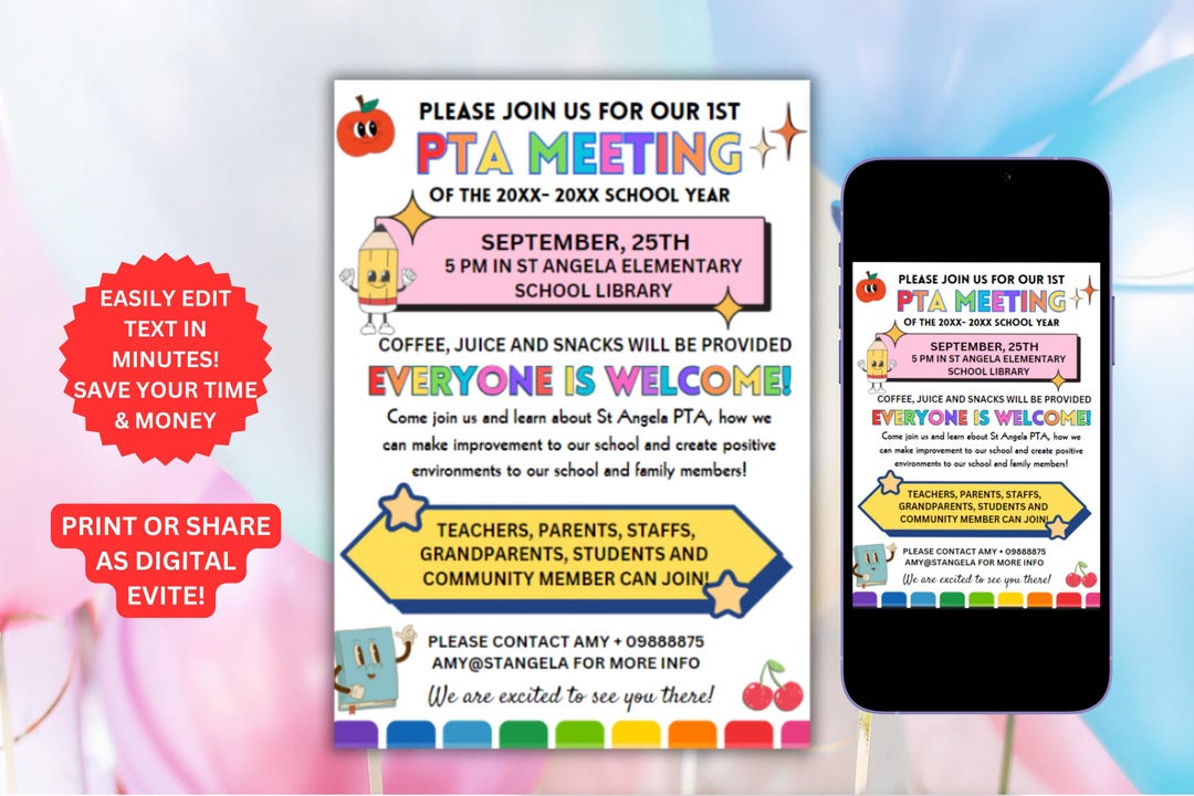 PTA Flyer Meeting, PTA Meeting Template, PTA Back to School, Pto ...