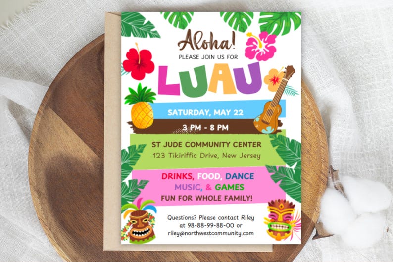 Editable Hawaiian Luau Party Flyer (canva Template, Digital Printable ...