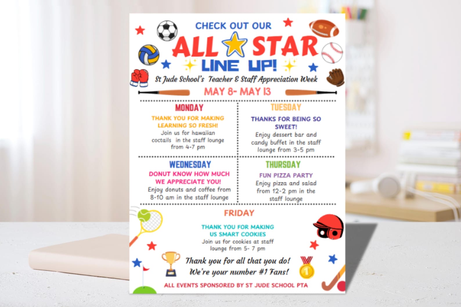 Sports All Star Teacher Staff Appreciation Week Itinerary Schedule ...