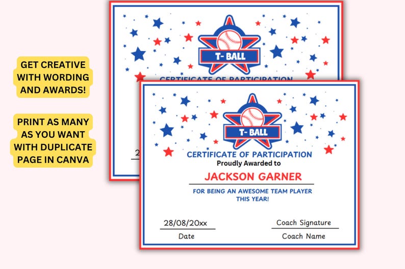 EDITABLE T-ball Award Certificates,team Baseball Awards, Little League ...