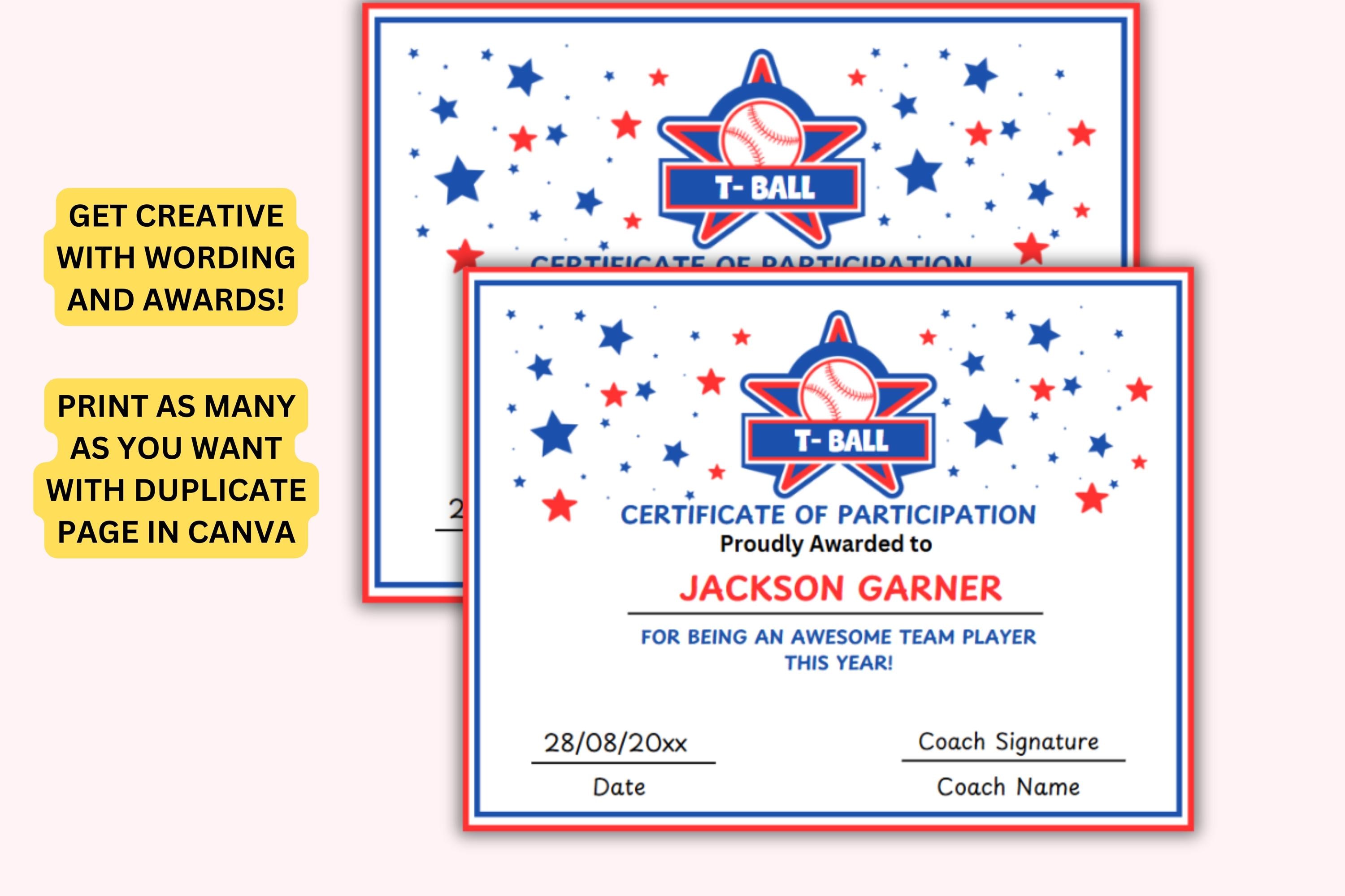 EDITABLE T-ball Award Certificates,team Baseball Awards, Little League ...