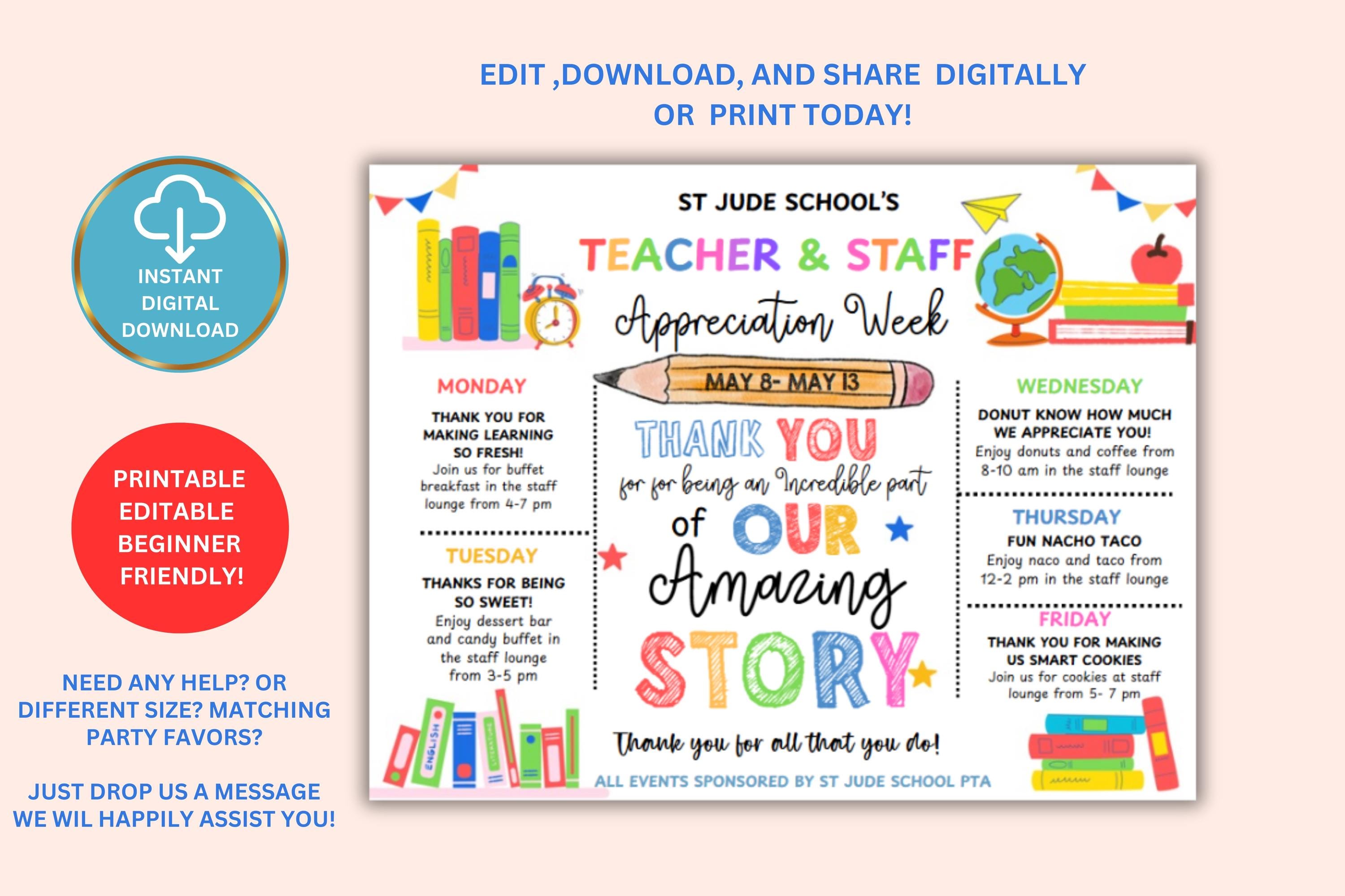 Editable Storybook Theme Teacher & Staff Appreciation Day Book Themed ...