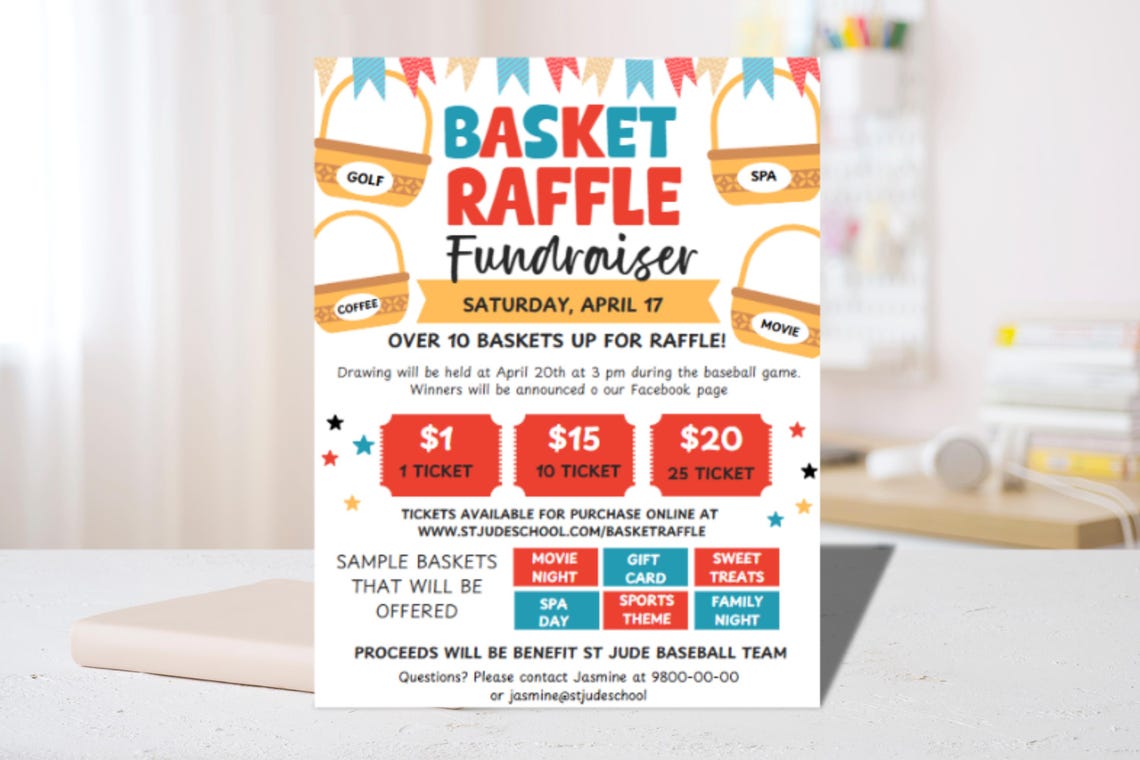 Basket Raffle Flyer Template, Gift Basket Fundraiser Raffle Invitation ...