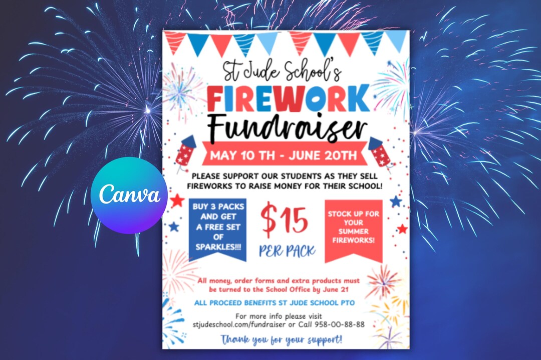 Editable Firework Fundraiser Flyer Template: School PTA Event Canva - Etsy