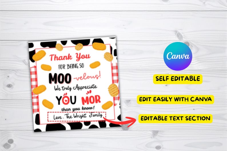 Printable Chicken Moovelous Appreciation Thank You Tag- Canva Template ...