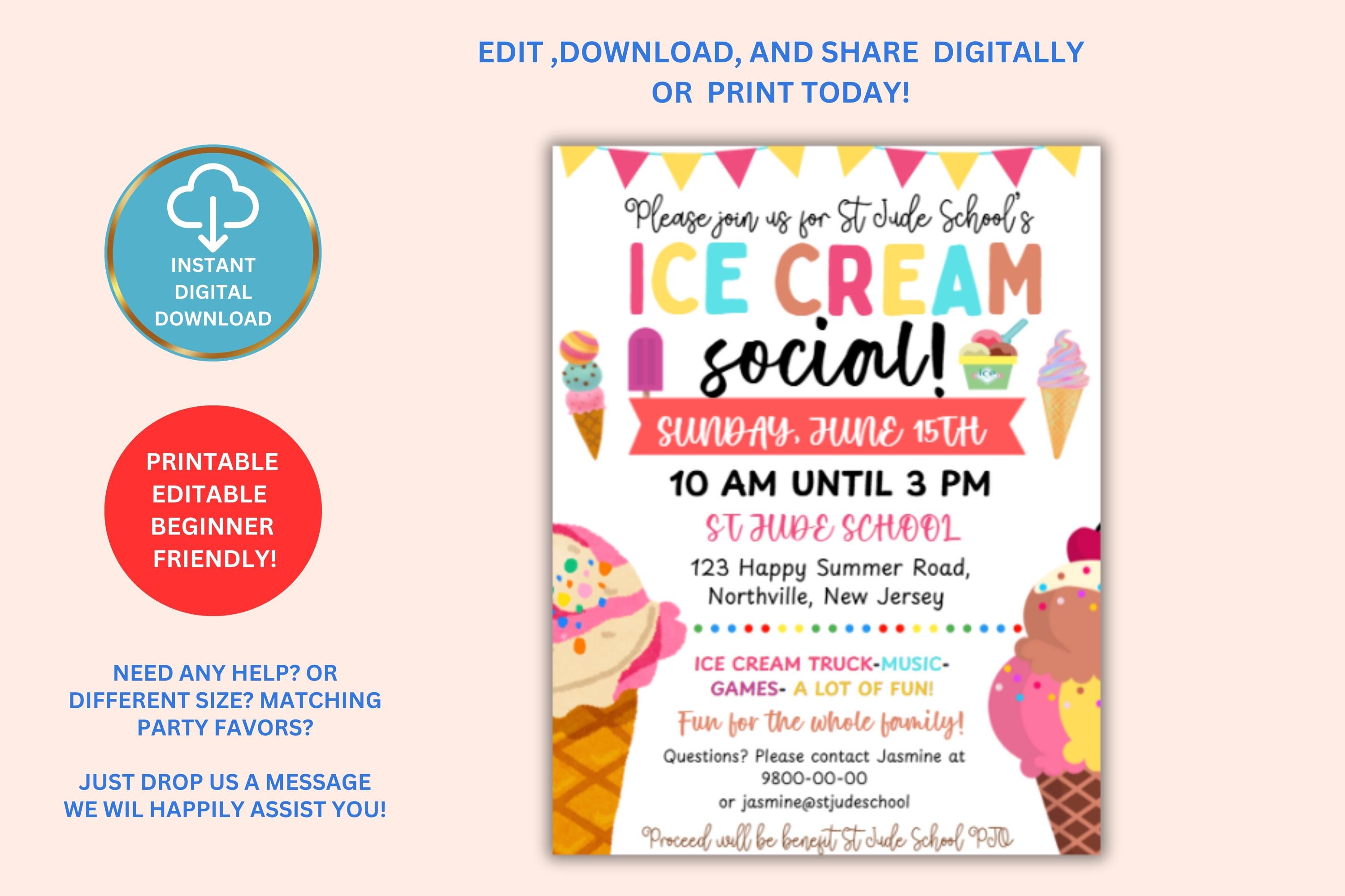 Editable Ice Cream Social Flyer Template,ice Cream Fundraiser Party ...