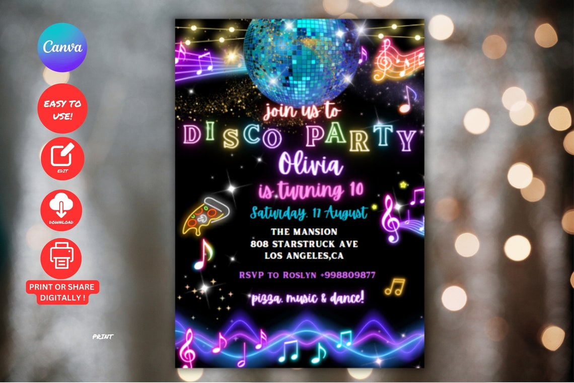Editable Disco Birthday Invitation,digital, Printable Instant Download ...