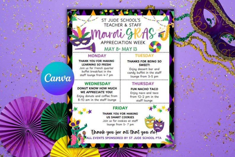 Editable Mardi Gras Teacher Appreciation Week Itinerary Flyer Canva ...