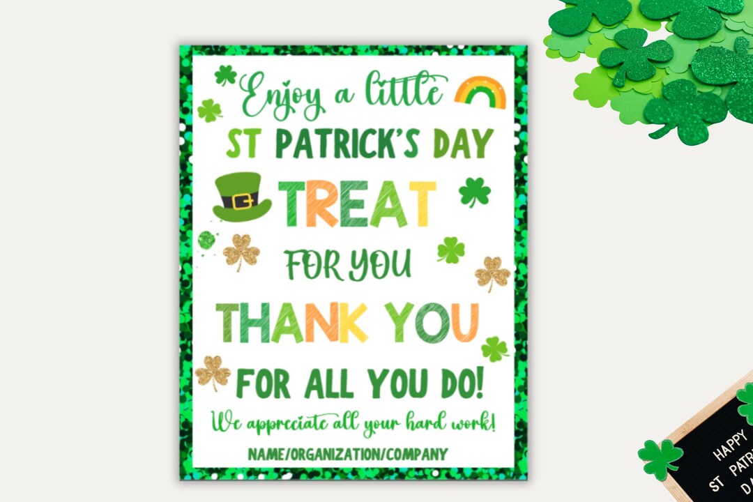 St Patrick's Day Treat Sign Appreciation Favor Tag Teacher Staff ...