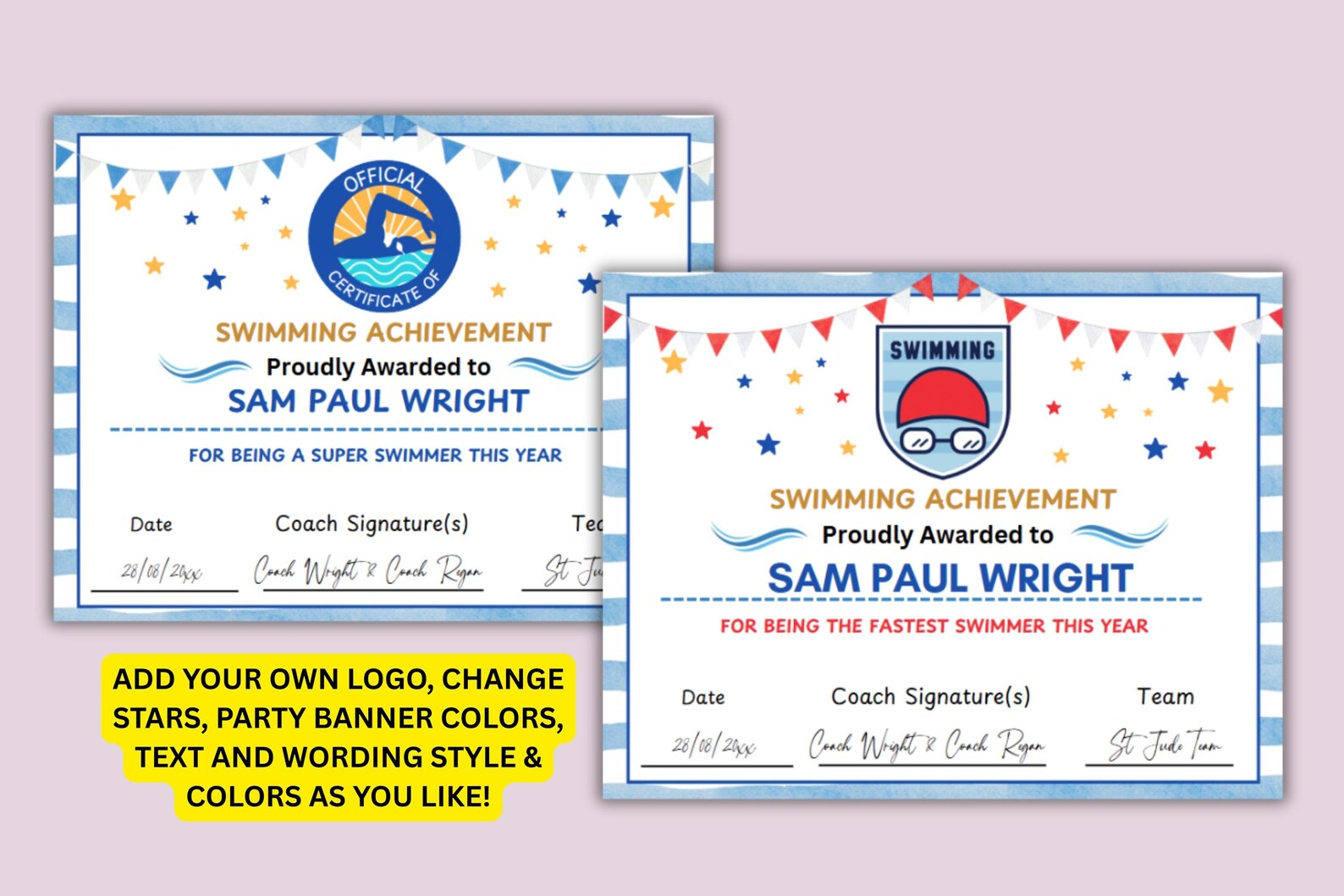 EDITABLE Swim Team Award Certificates ,swimming Awards, Swimmer Party ...