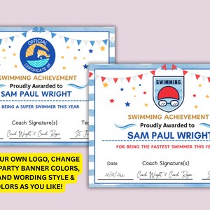 EDITABLE Swim Team Award Certificates ,swimming Awards, Swimmer Party ...