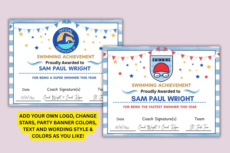 EDITABLE Swim Team Award Certificates ,swimming Awards, Swimmer Party ...