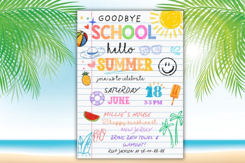 Goodbye School Hello Summer Invitation Template, Printable End of ...
