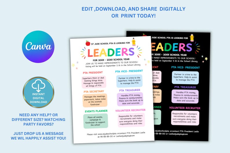 Editable PTO PTA Recruitment Flyer Template: Volunteer Roles (canva ...