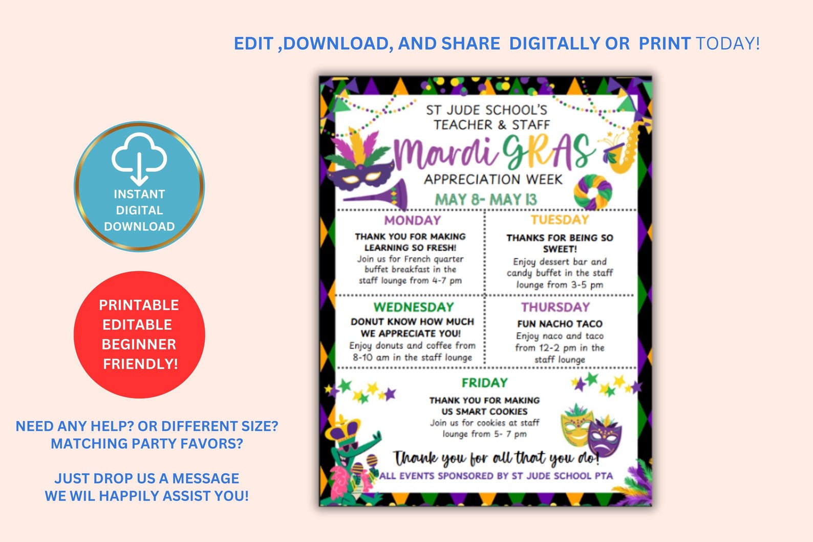 Editable Mardi Gras Teacher Appreciation Week Itinerary Flyer Canva ...