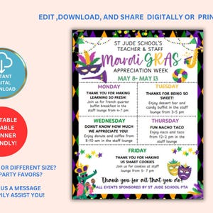 Editable Mardi Gras Teacher Appreciation Week Itinerary Flyer Canva ...