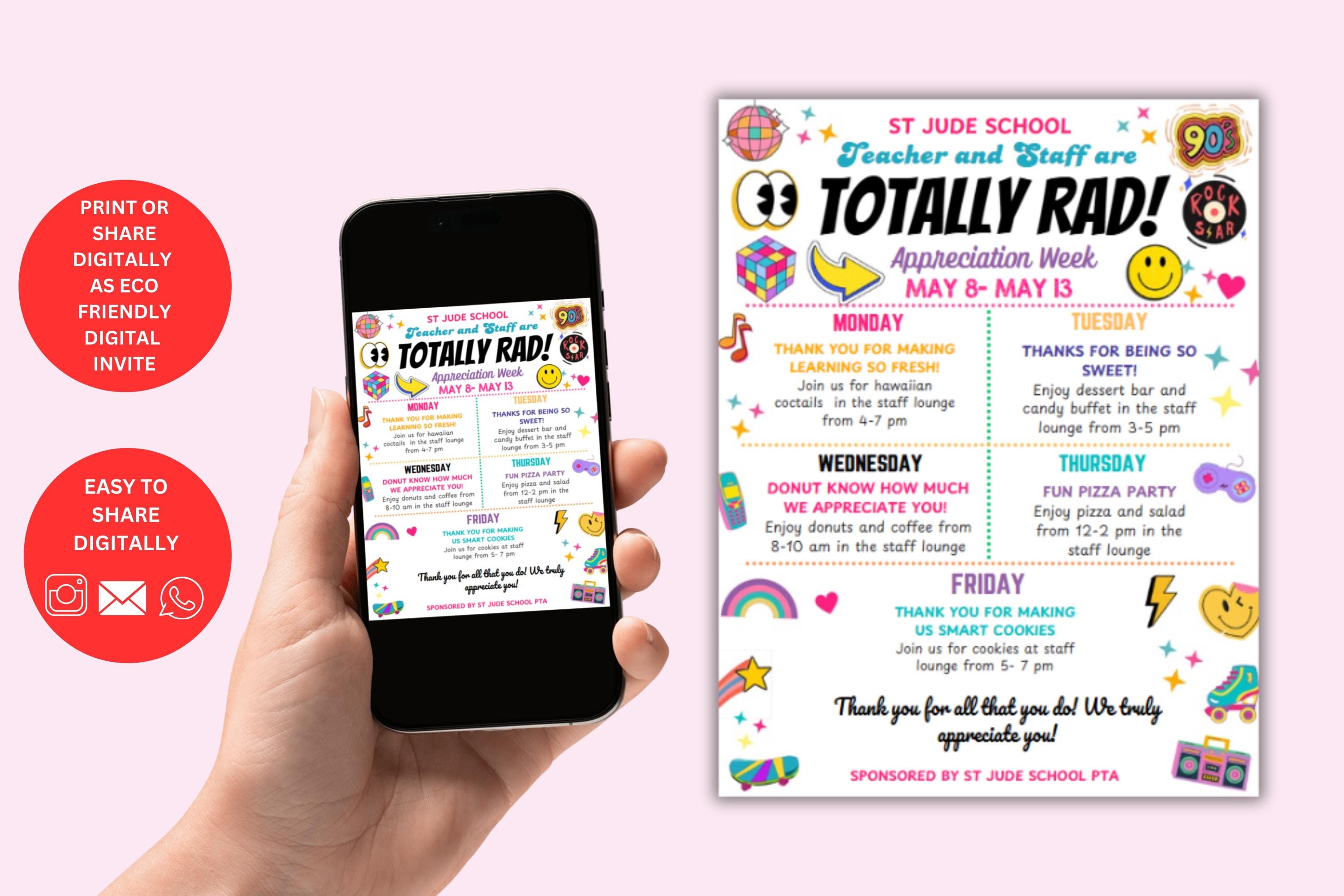 90s Teacher Staff Appreciation Week Flyer -totally Rad Schedule ...