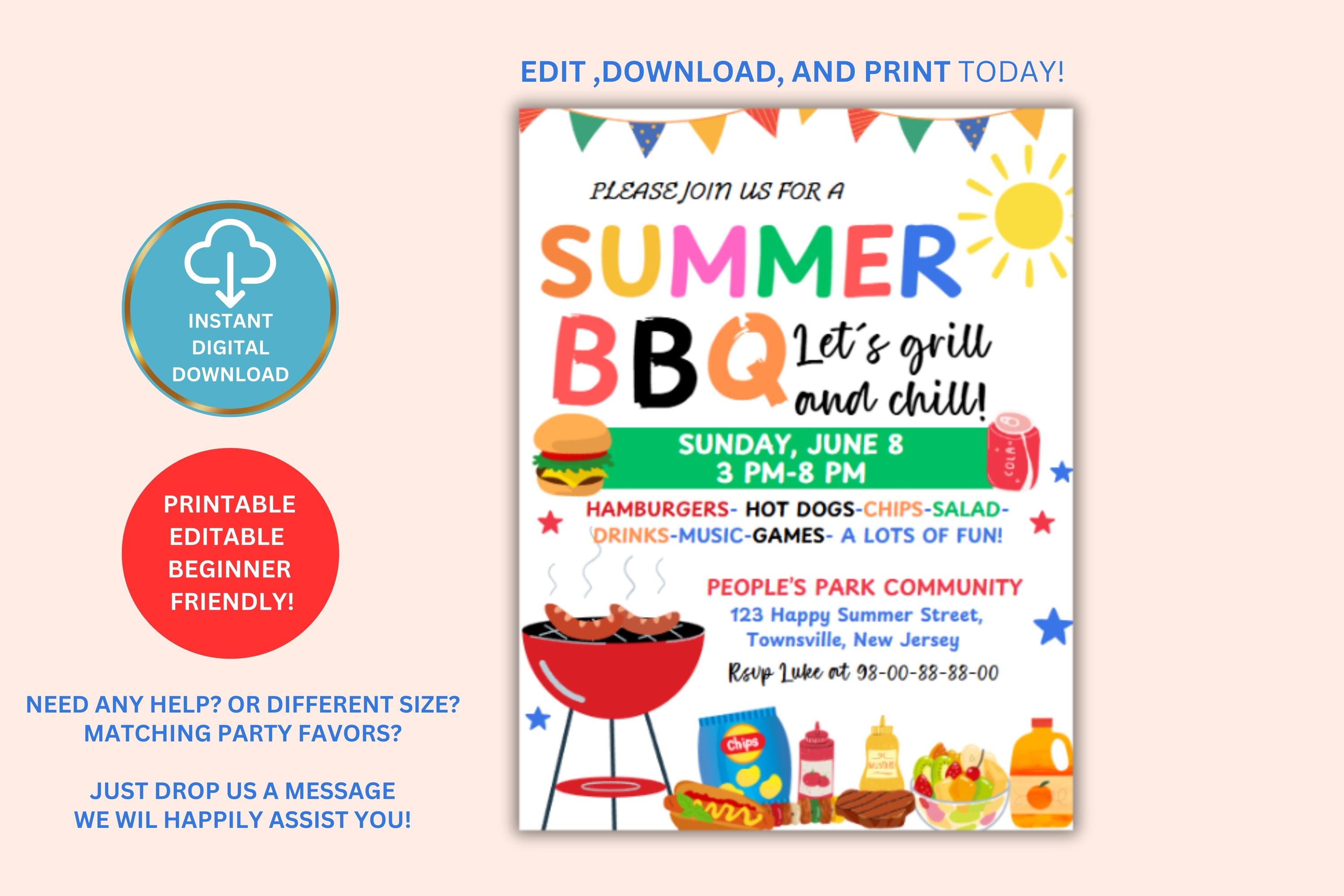 Editable Summer BBQ Party Flyer: Grill & Chill, Canva Template Digital ...