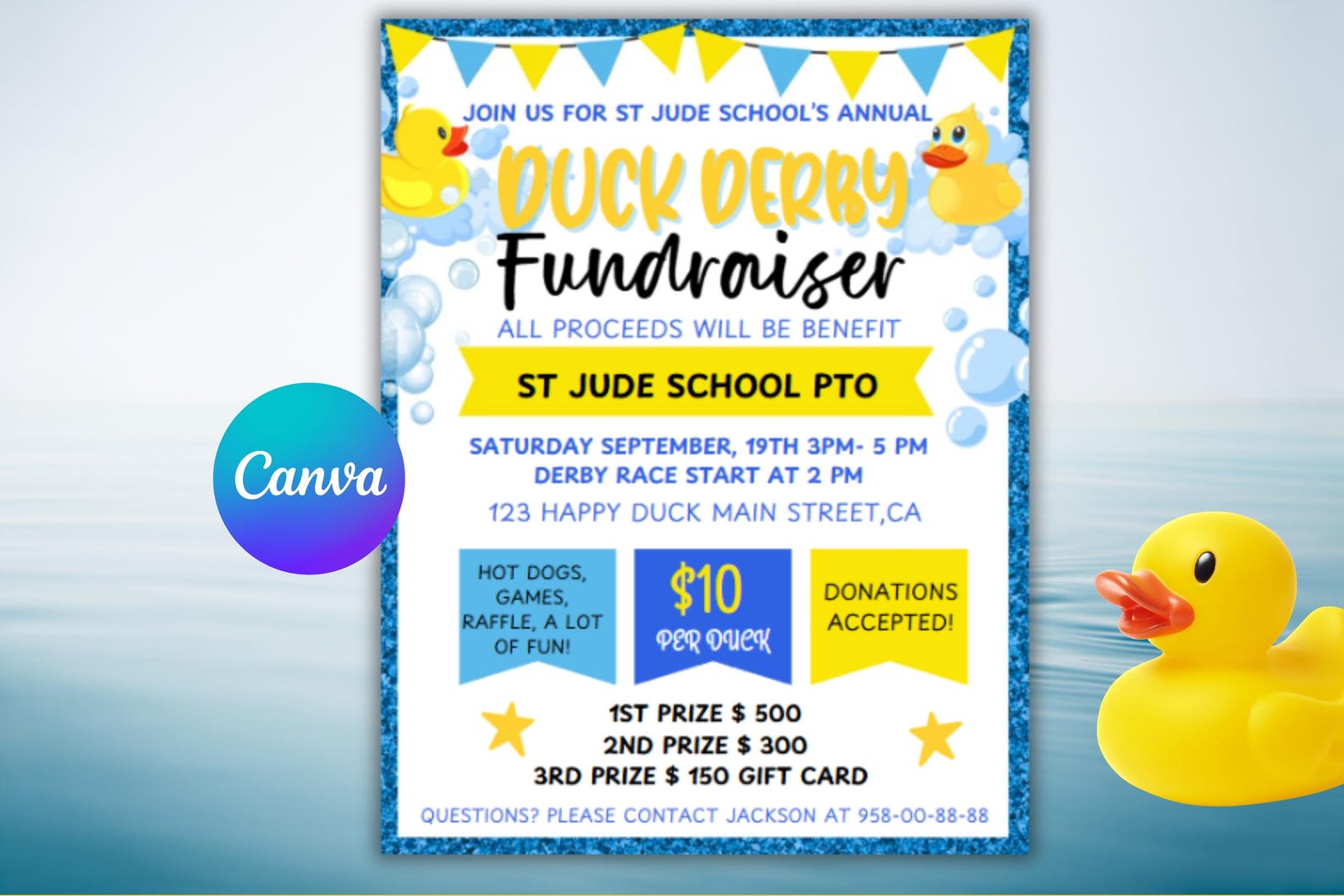 Editable Rubber Duck Derby Race Fundraiser Flyer Template, Pto Pta ...