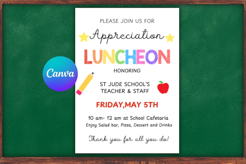 Editable Teacher Staff Appreciation Luncheon Invitation- Canva Template ...