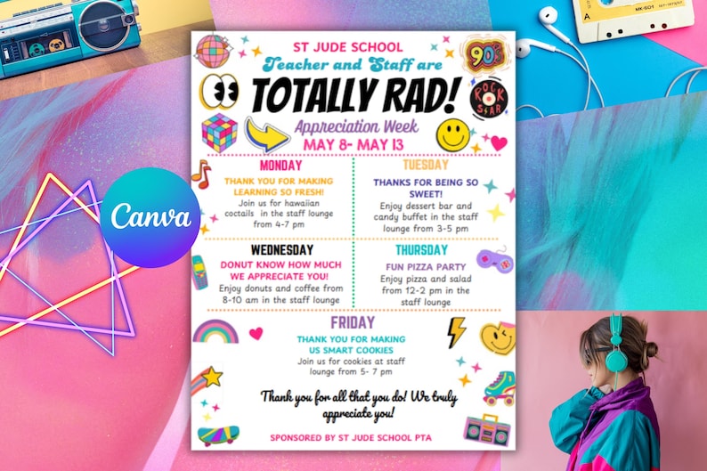 90s Teacher Staff Appreciation Week Flyer -totally Rad Schedule ...