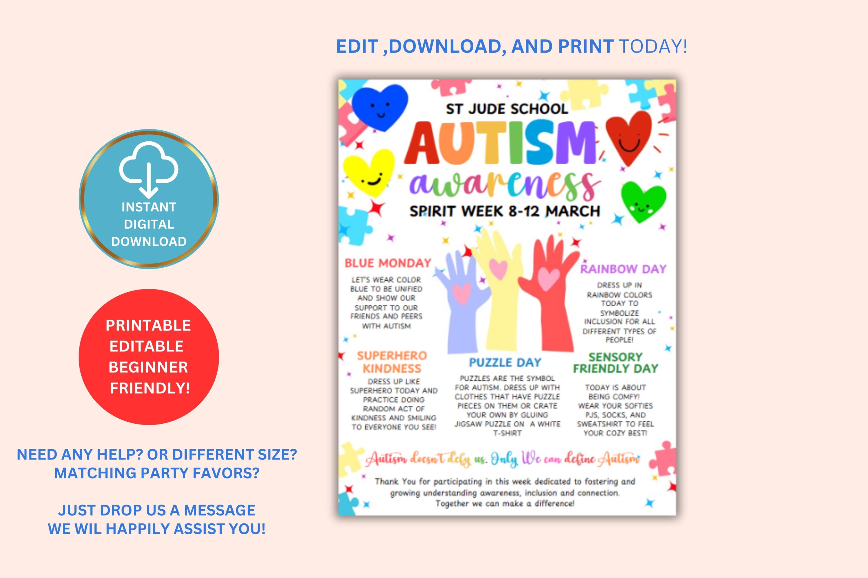 Autism Awareness Spirit Week Itinerary: Editable Canva Template ...
