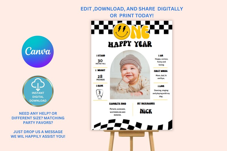 One Happy Year Milestone Poster: First Birthday Party Decor (digital ...