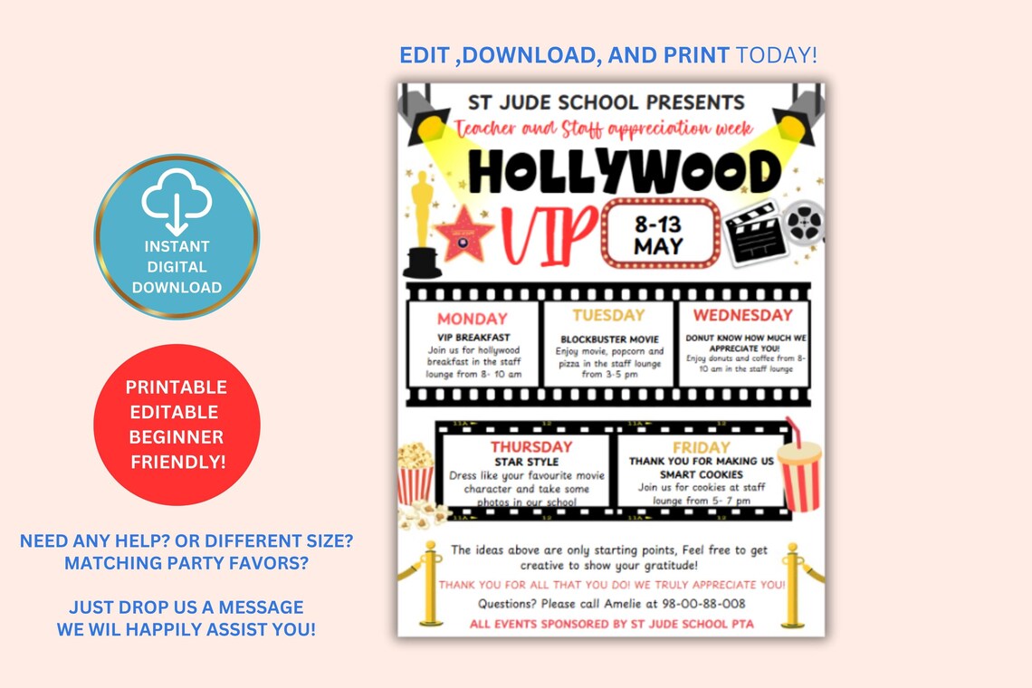 Editable Teacher Appreciation Week Flyer Hollywood Movie VIP Theme ...
