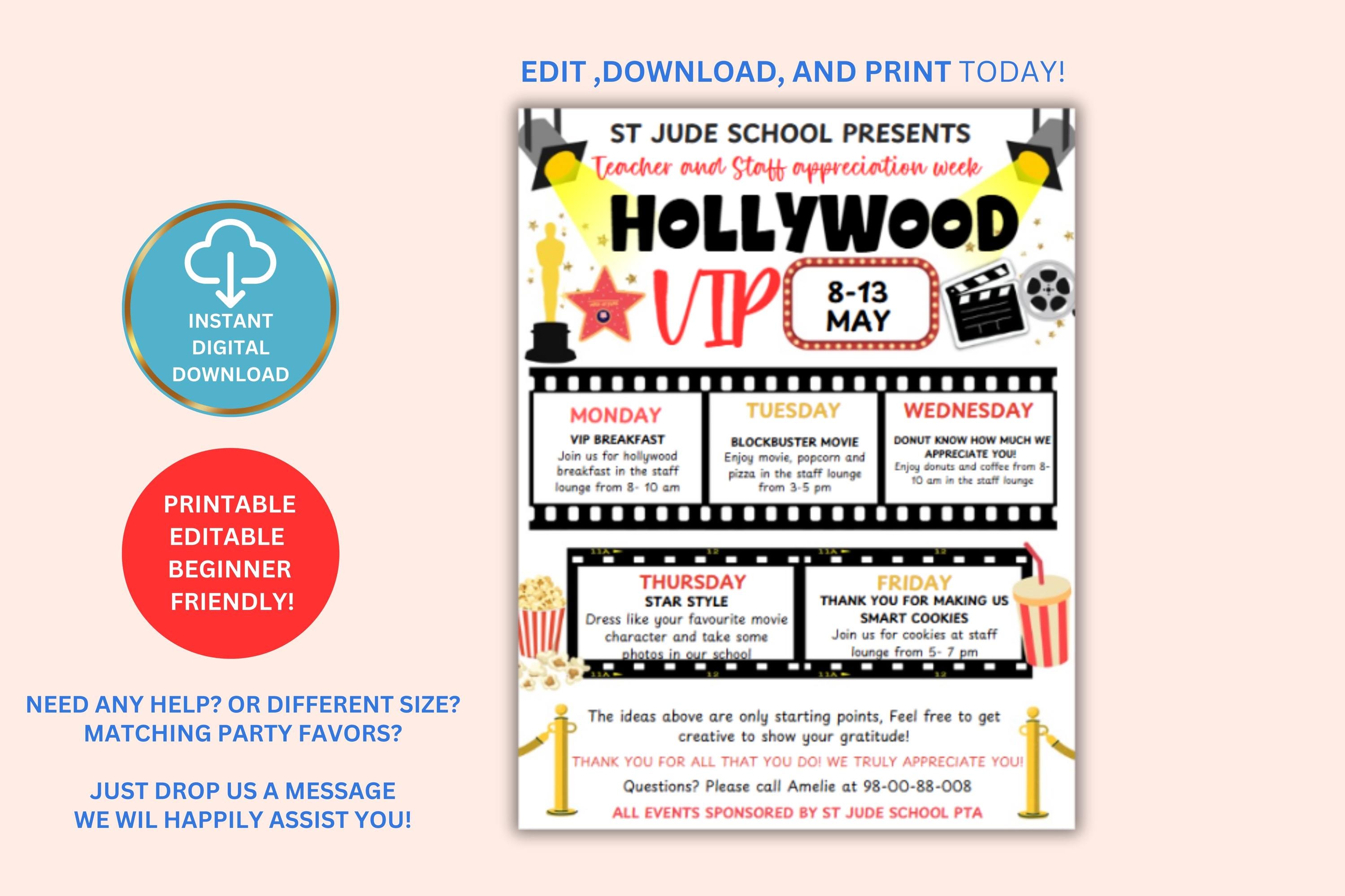 Editable Teacher Appreciation Week Flyer Hollywood Movie VIP Theme ...
